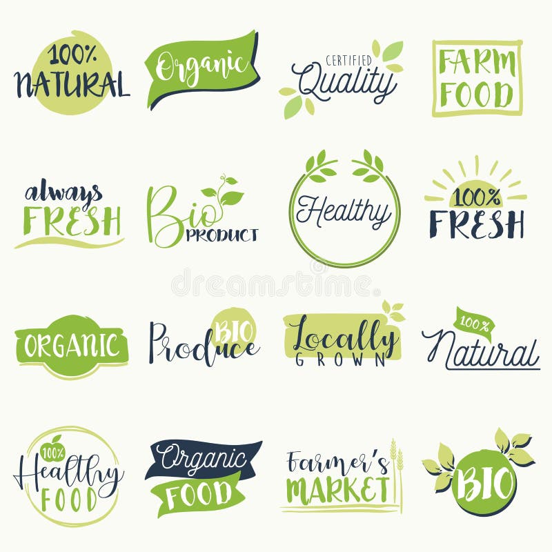 Healthy Food Labels Set - Hand Drawn Vector Illustration Stock ...