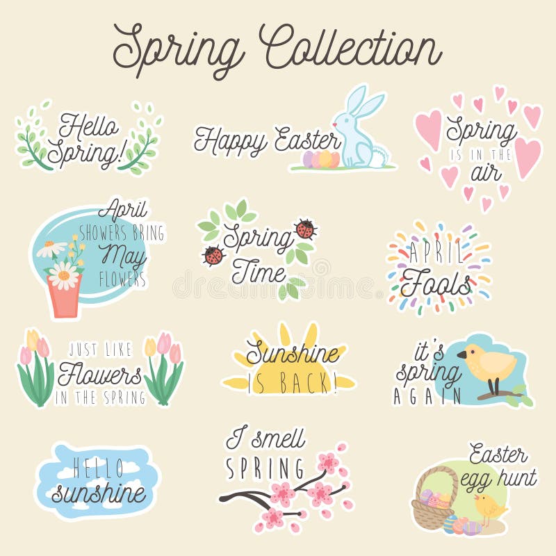 Colorful Hand Drawn Spring Stickers Set Stock Vector - Illustration of ...