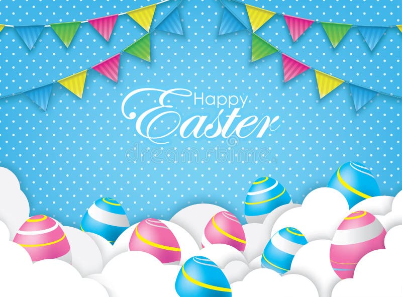Happy Easter Card with 3D Colorful Eggs and Papercraft Cloud. Spring ...