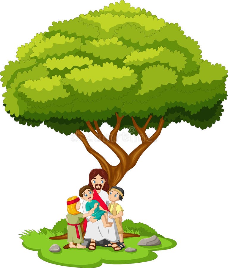 Cartoon Jesus is Sitting Under a Tree with Kids Stock Vector ...