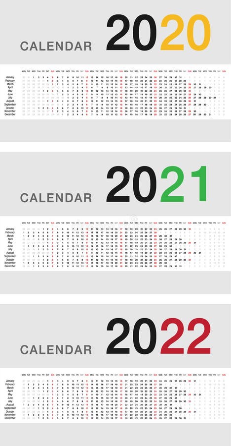 Year 2020 and Year 2021 and Year 2022 Calendar Vector Design Template ...