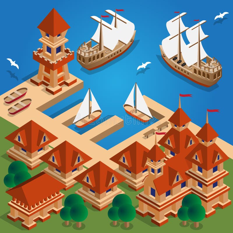 Medieval port. stock vector. Illustration of lagoon - 179555752
