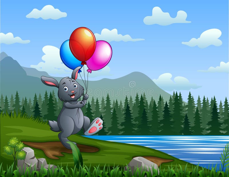 Happy Bunny Holding a Colorful Balloons by the River Stock Illustration ...
