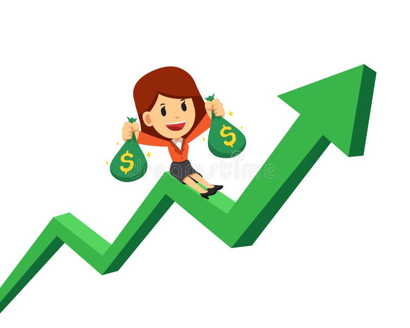 Vector Cartoon Businesswoman Holding Money Bag on Green Arrow Stock ...