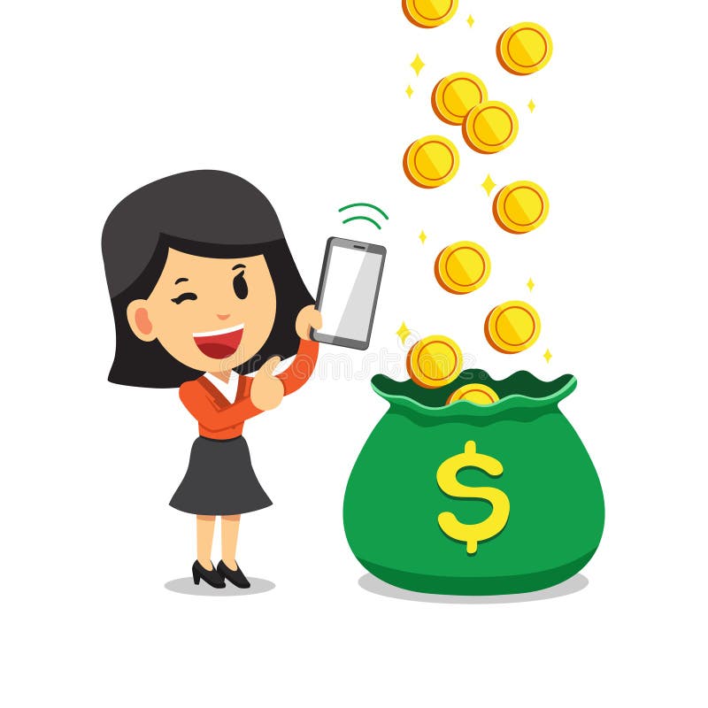 Cartoon Business Woman Earning Money with Smartphone Stock Vector ...