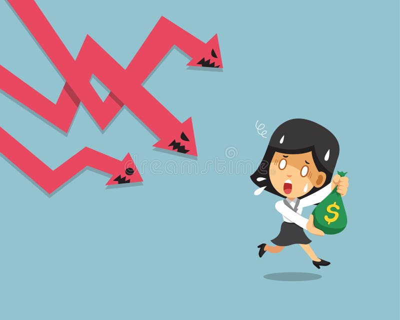 Cartoon Businesswoman Carrying Money Bag with Red Arrow Stock Vector ...
