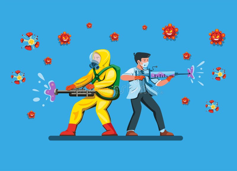 Doctor with Man Wear Hazmat Suit Fight and Destroy Bacteria Virus Use ...