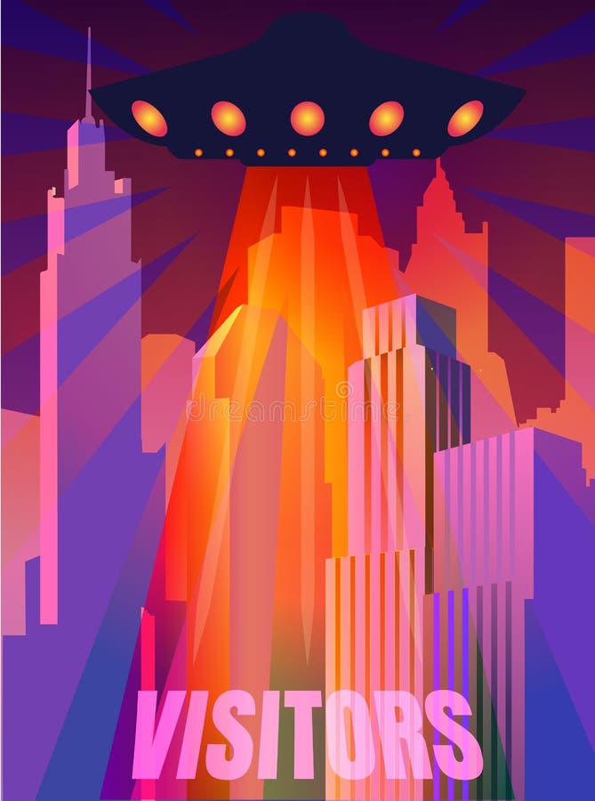 Alien`s Ship As UFO Over City. Vector Poster. Stock Vector ...