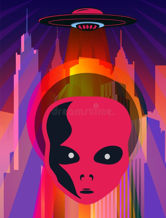 Alien`s Ship As UFO Over City. Vector Poster. Stock Vector ...