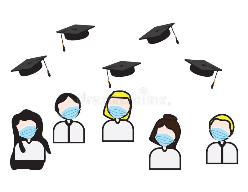 Class of 2020 Graduation - Characters with Face Masks Looking at Flying ...