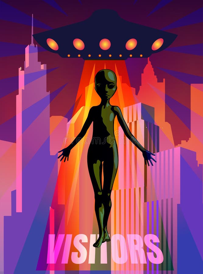 Alien Visitors Come To City, UFO, Alien and Cityscape. Vector Image ...
