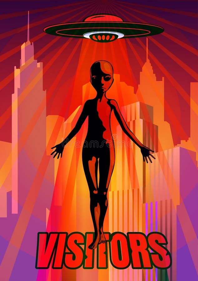 Alien Visitors Come To City, UFO, Alien and Cityscape. Vector Image ...