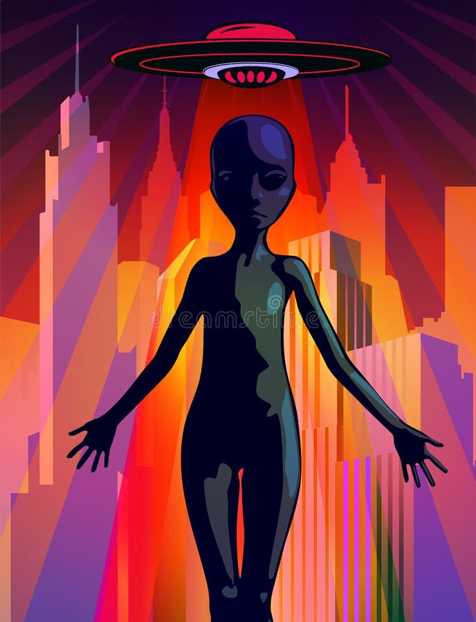 Alien Visitors Come To City, UFO, Alien and Cityscape. Vector Image ...