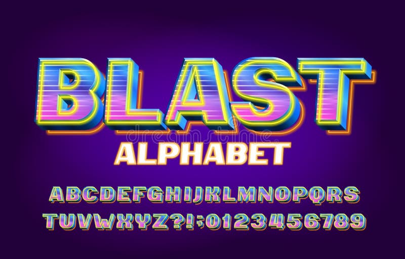 Blast Alphabet Font. 3D Shining Letters, Numbers and Symbols Stock ...