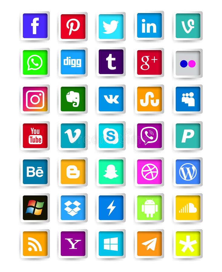 Social Media Icons Pack Square . Friendly, Applications. Editorial ...