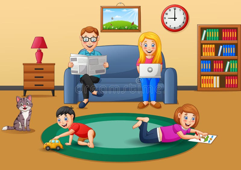 Family Cartoon Working Active in the House Stock Vector - Illustration ...