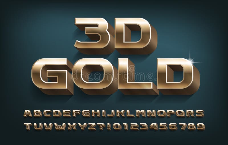 Gold Alphabet Font. Retro Golden Beveled Letters and Numbers with ...