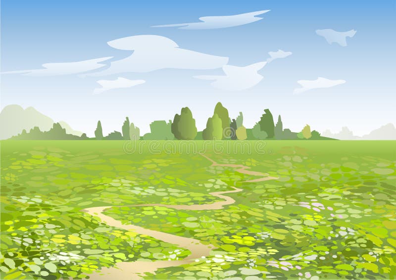 Cartoon Summer Landscape with Flowering Field and the Path. Stock ...