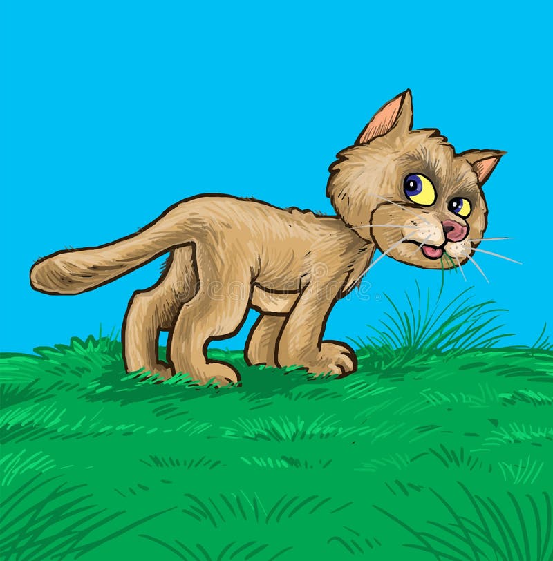 Illustration a Cute Cat Eat Grass in the Field Stock Vector ...