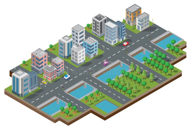 Isometric Building Vector. Three Building on Yard with Road and Trees ...