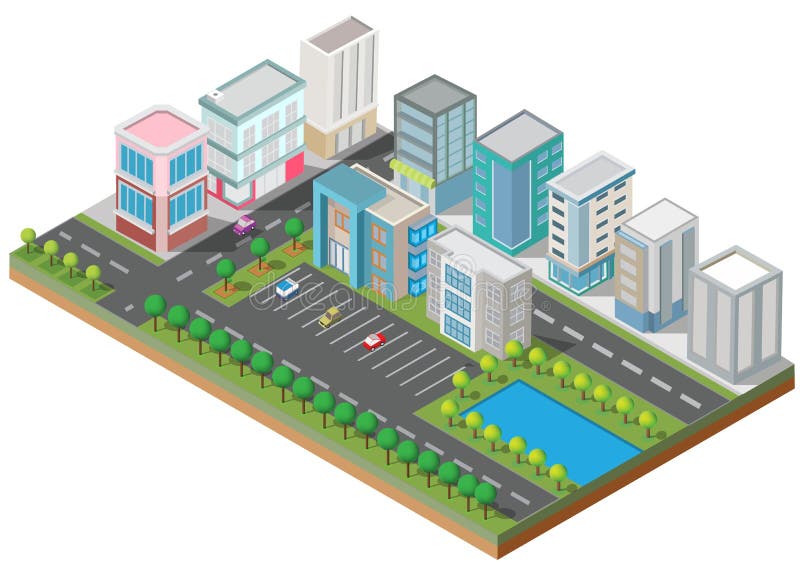 Isometric Building Vector. Three Building on Yard with Road and Trees ...