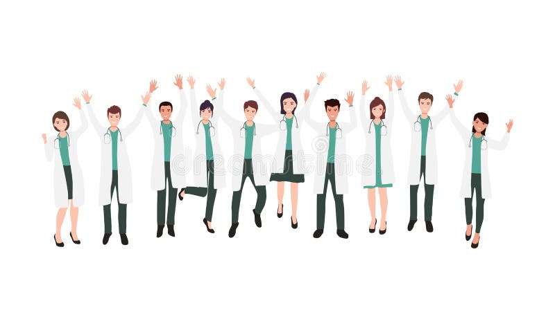 Group of Happy Doctor Raising Hand Celebrating Success in Flat Icon ...