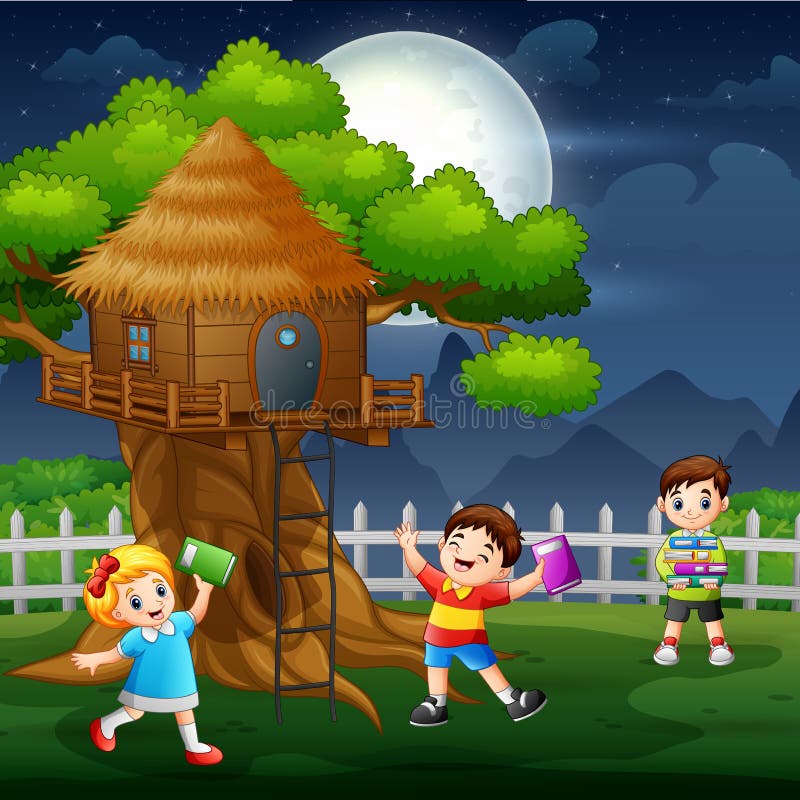 Many Children Having Fun at Tree House Stock Vector - Illustration of ...