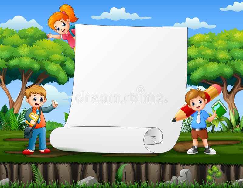 Paper Template with School Kids at Nature Background Stock Vector ...