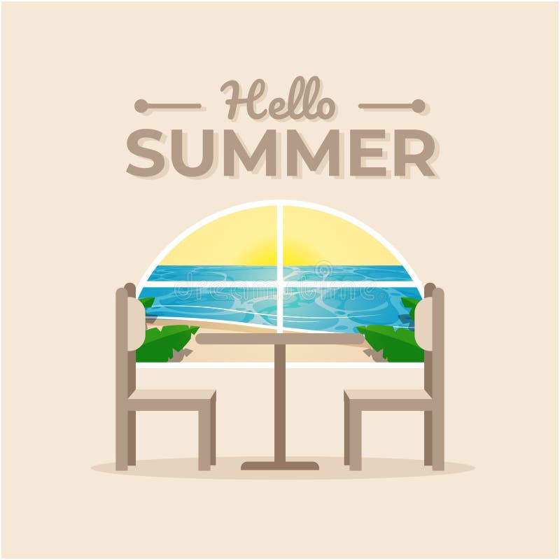 Hello Summer with Sunset Landscape from Indoor Cafe Stock Vector ...