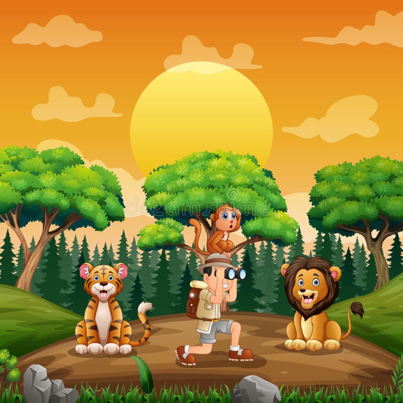 The Explorer Man with Animals on the Field Stock Vector - Illustration ...