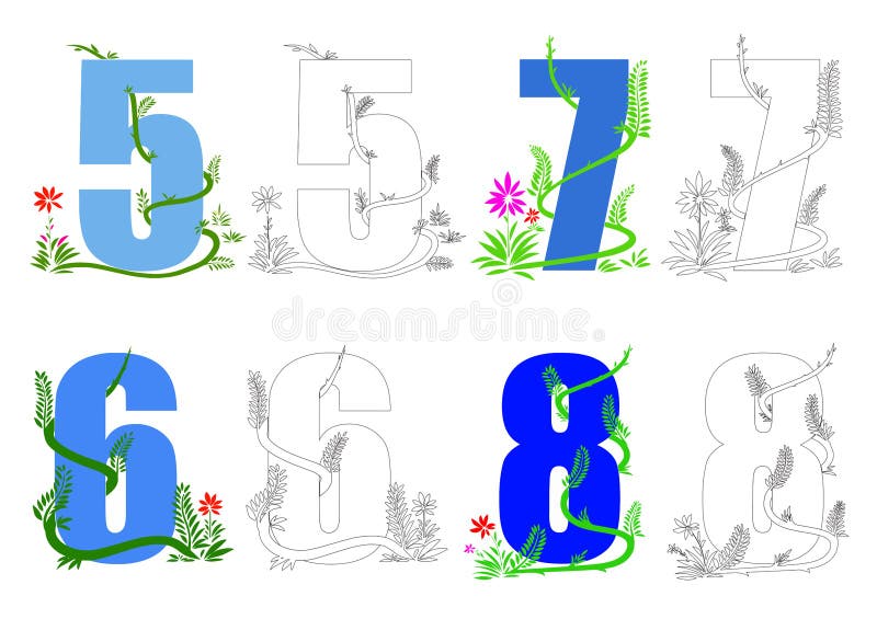 Numbers 5 6 7 8 with Green Grass Vines and Outline Stock Vector ...
