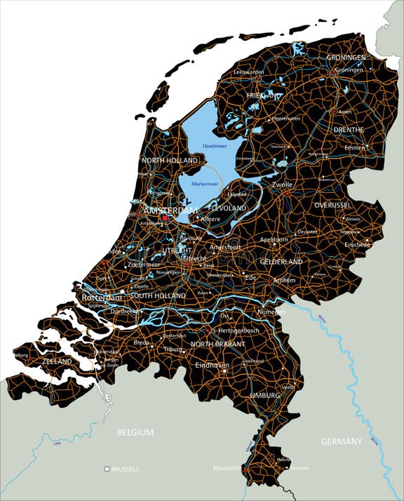 High Detailed Netherlands Road Map with Labeling. Stock Vector ...