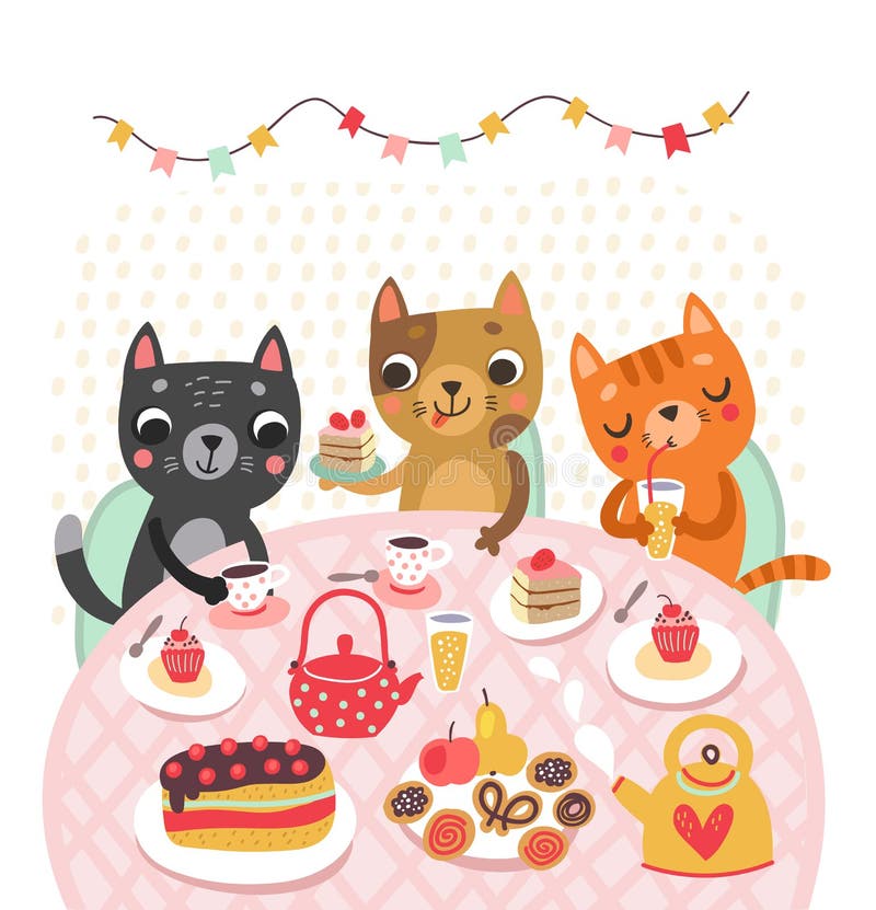 Cats at the Table are Drinking Tea. Stock Vector - Illustration of ...