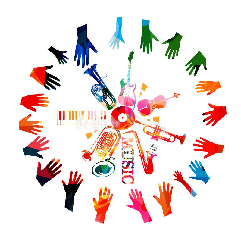 Music Promotional Poster with Colorful Instruments and Hands Isolated ...