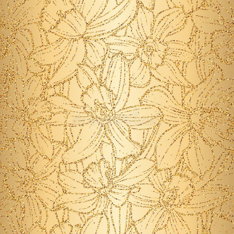 Seamless Floral Shiny Pattern on Gold Background. Hand-drawn Gold ...