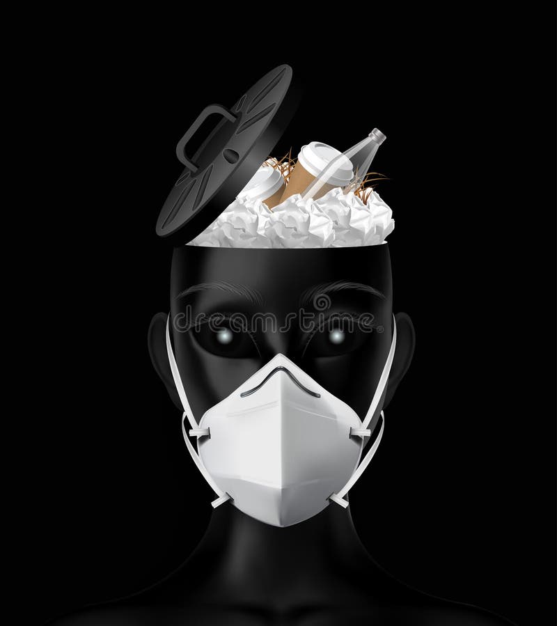 Realistic Human Open Head in Facial Medical Mask with Trash Can at the ...