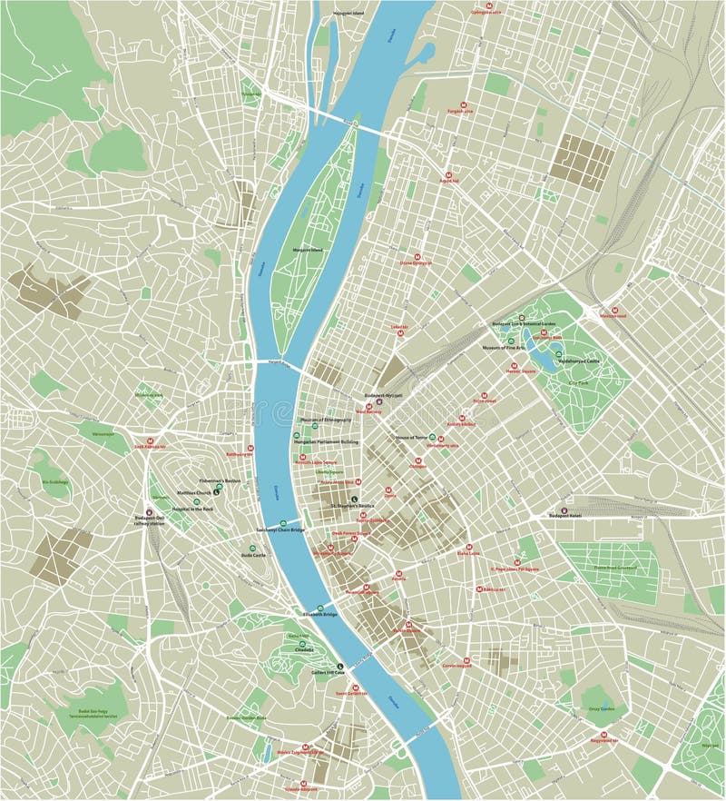 Vector City Map of Budapest. Stock Vector - Illustration of brown, landmarks: 188022719