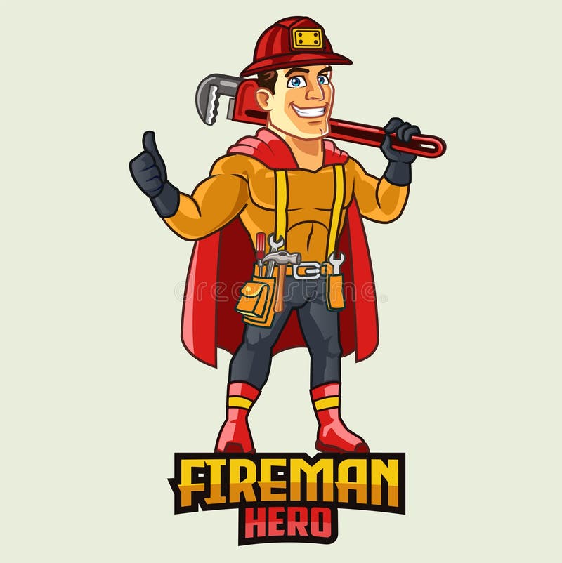 Fireman Superhero Carrying Wrench and Showing Thumb Up Stock Vector ...