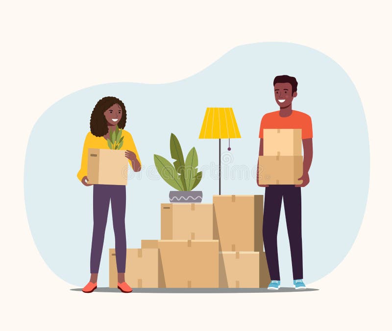 Afro American Man and Woman Hold Boxes. Moving Stock Vector ...