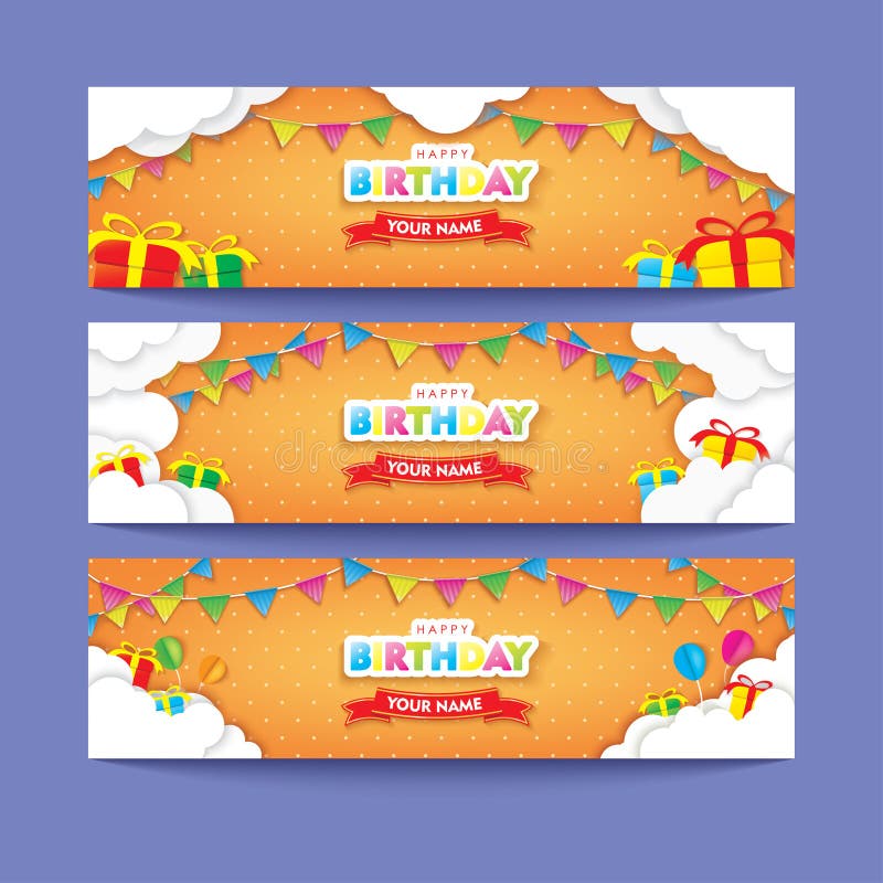 Editable Orange Happy Birthday Banner Set with Clouds, Flags, and Gifts ...