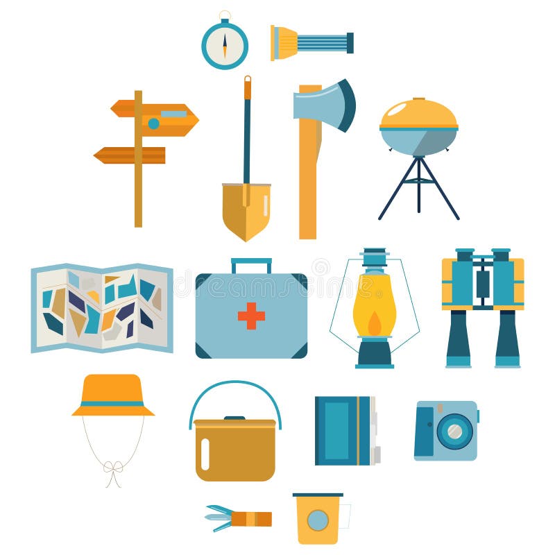 Camping Tools Vector Illustration. Blue and Yellow Elements. Summer ...