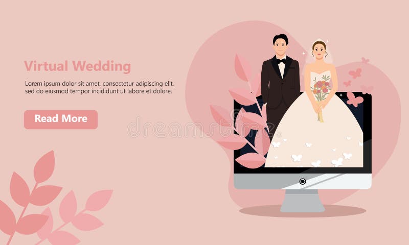 Website Mockup Design. Bride and Groom Virtual Wedding on Computer ...