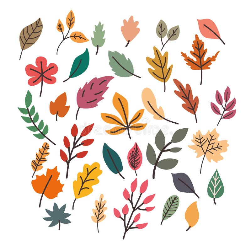 Set of Hand Drawn Vector Leaves with Cute Pastel Color. Simple Leaves ...