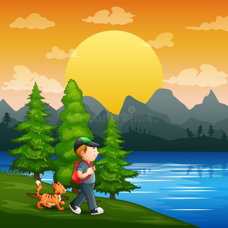 A Young Boy and His Pet at Riverside Stock Vector - Illustration of ...