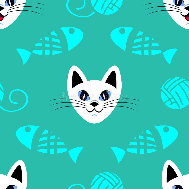 Seamless Head Cats with Fish and Yarn Ball Pattern, Vector Illustration ...
