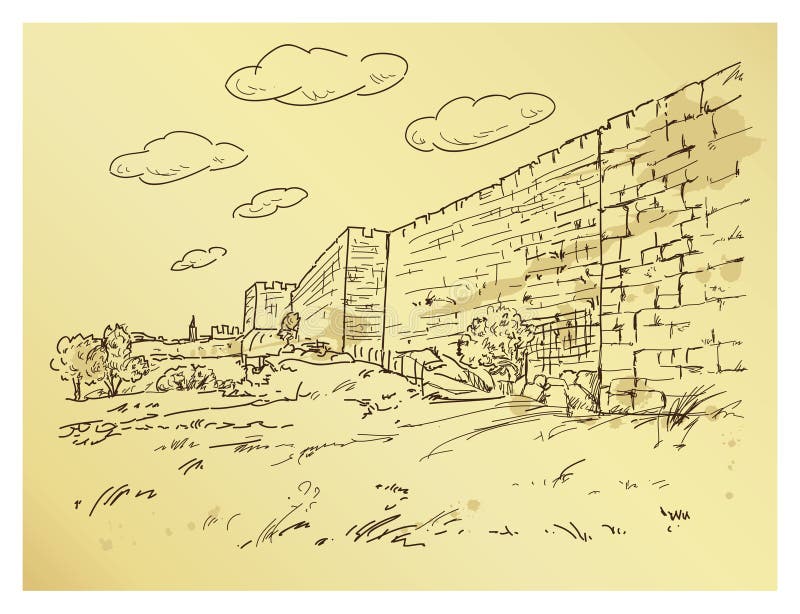 Hand Drawing Jerusalem Old City Wall and King David Tower. Stock ...