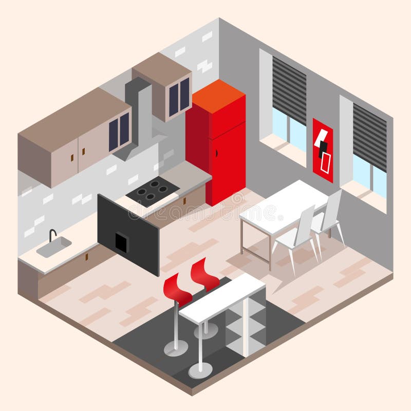 Vector, Kitchen, Isometric, Apartment, Architecture, Building, Cabinet ...