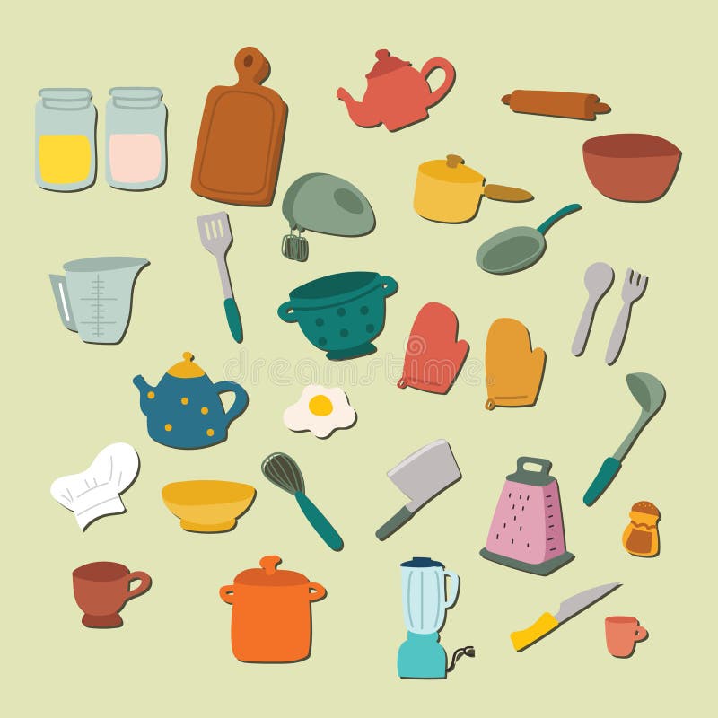 Collection Set Kitchen Stuff. Cute Sticker with Simple Vector Stock ...
