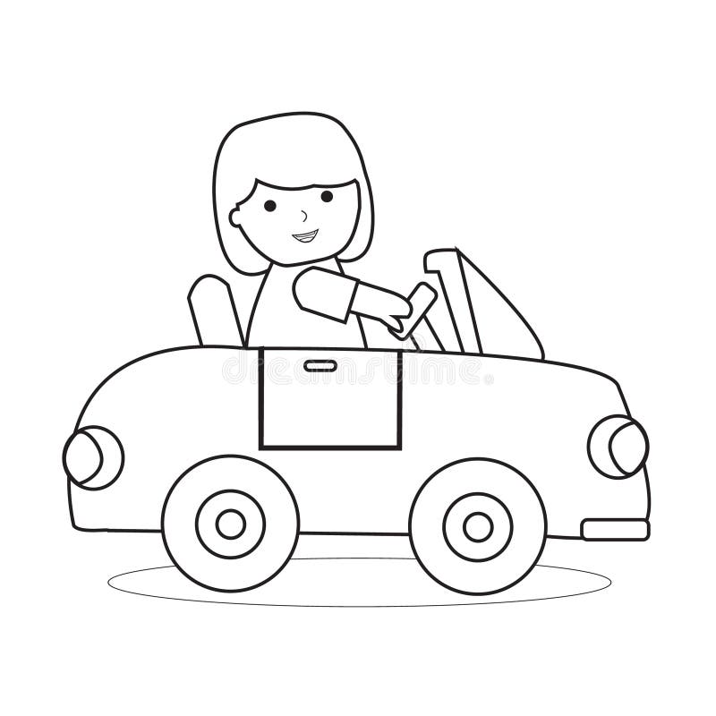 Little Girl Drive Car Outline Coloring Book for Children Stock Vector ...