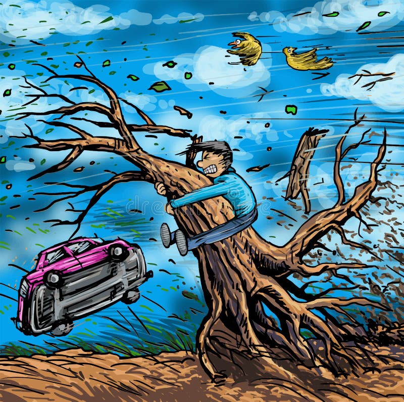 Illustration Strong Winds Collapse the Tree . Wind Blowing Leaves Off ...